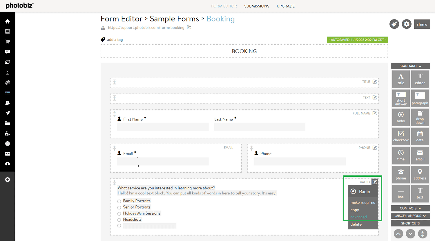 How do I edit the radio button choices on my form? - PhotoBiz Knowledge ...