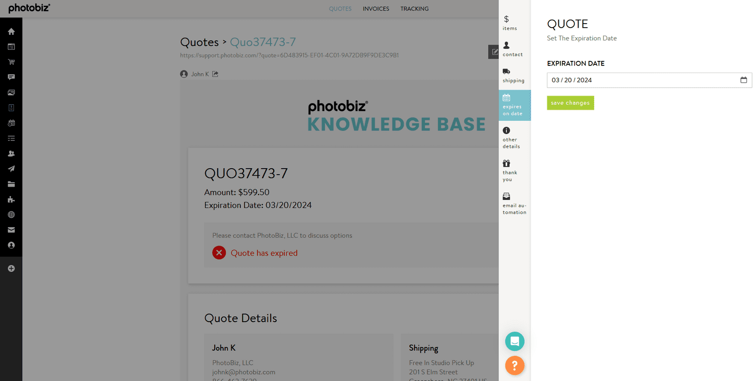 How To Change The Expiration Date On A Quote - PhotoBiz Knowledge Base
